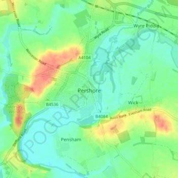 Pershore topographic map, elevation, terrain